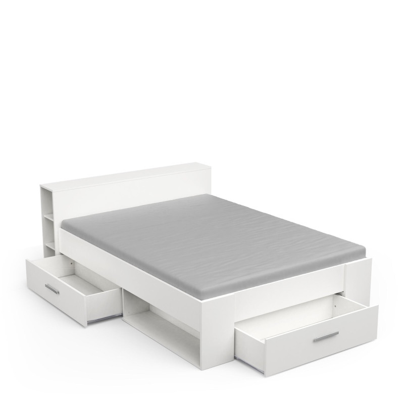 Lit 2 places, commode et chevets intégrés, blanc perle ou chêne, Pocket